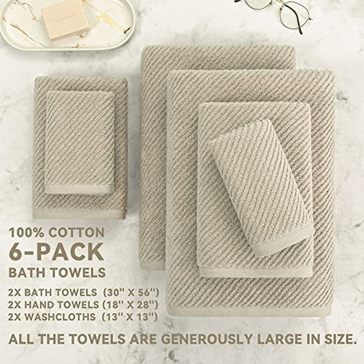 VOOVA & MOVAS Towels for Bathroom,6 Pieces Gift Set,100% Cotton | Large | Soft | Quick Dry, 2 Bath Towels 30×56inch, 2 Hand Towels 18×28, 2 Wash Cloths 13×13,Dorm Room Essentials, Light Tan | Beige