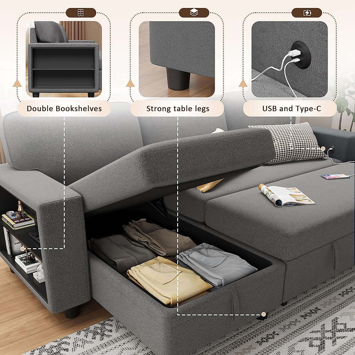 Flamaker 80" Sleeper Sofa, Sofa Bed with Built-in Large Storage and 2 Bookshelves, Convertible Sectional Sofa Couch, Pull Out Couch with USB, Modern Couches for Living Room (Fabric, Grey)