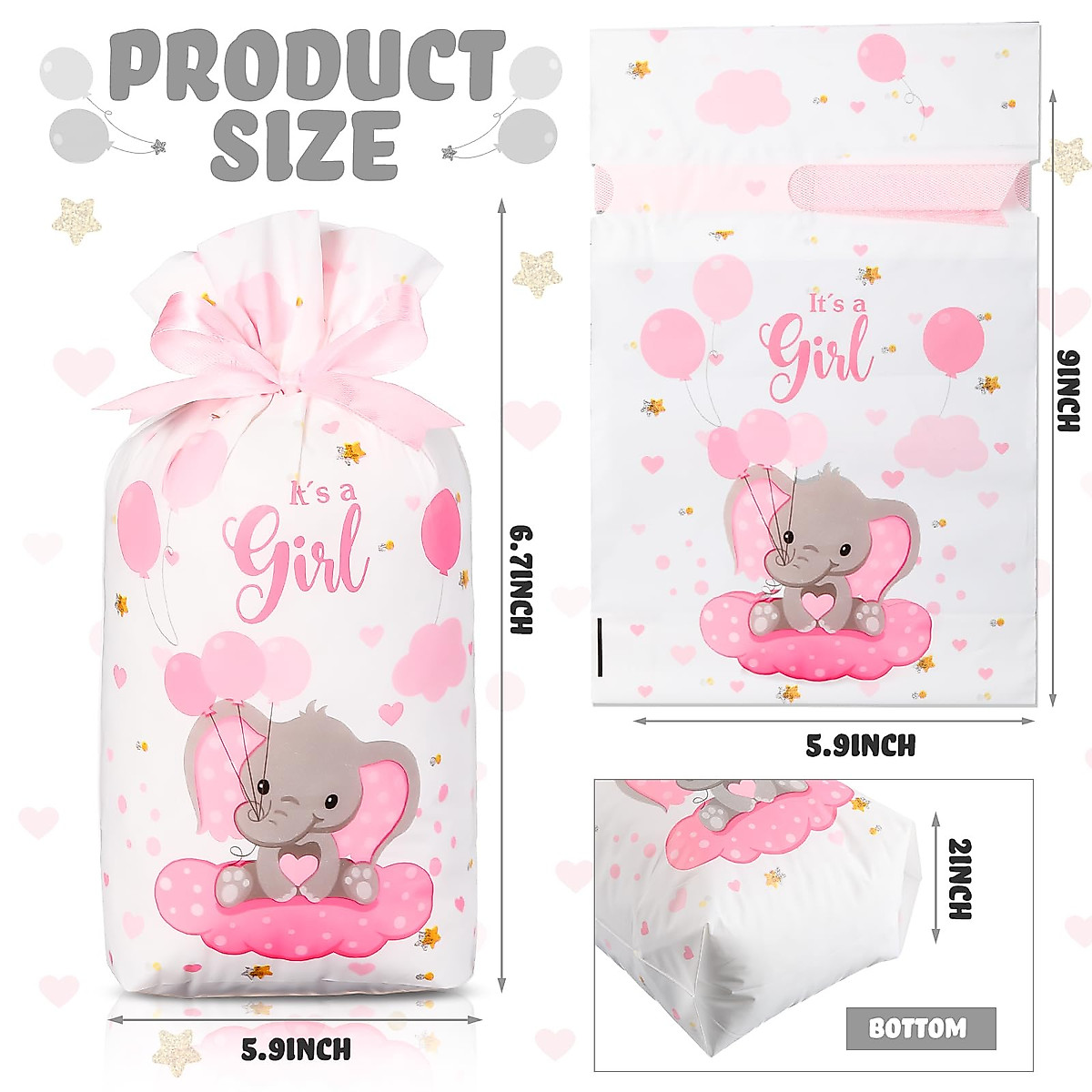 Chiisong 50 Pcs Baby Shower Treat Bags with Bow Plastic Baby Drawstring Candy Goodie Bags Baby Shower Party Favor Gift Bags for Boy Girl Birthday Gender Reveal Party 9 x 6 x 2 Inch(Pink Elephant)