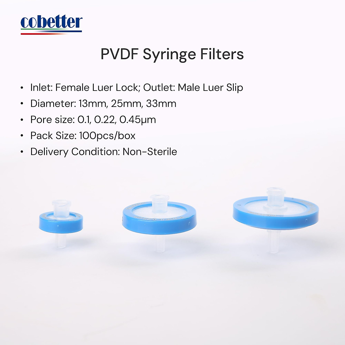 COBETTER 100 Pack PVDF Syringe Filter Lab Filters 0.22μm Pore Size 13mm Diameter Hydrophilic Filtration Non-sterile Blue