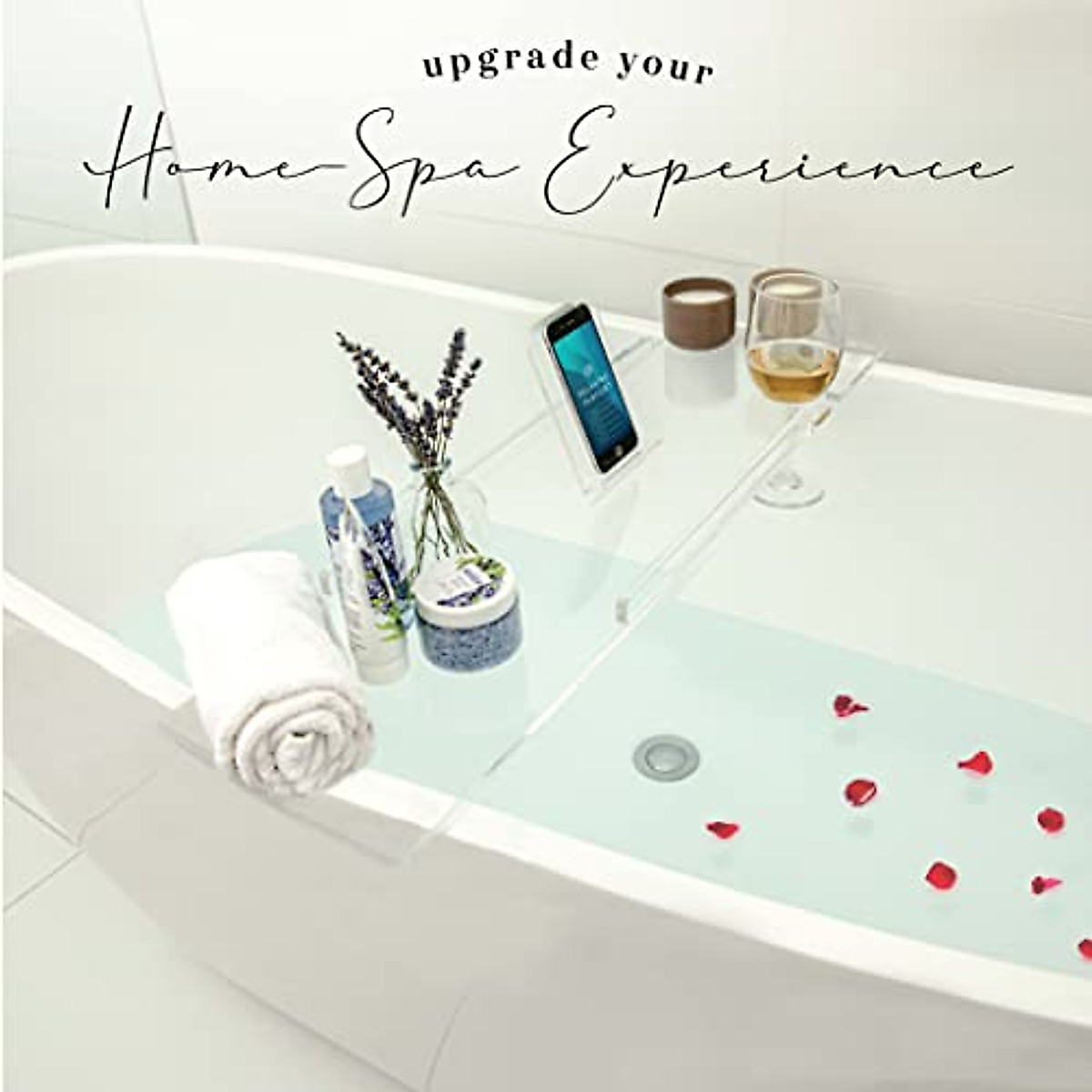 Rebecca Luxurious Bath, 32" Clear Bathtub Tray Caddy Tub Shelf - Spa Board Luxury Bathroom Bath tub Table - Waterproof Acrylic Tub Caddy Fits Across Bathtubs - Book Rack, iPad and Wine Glass Holder