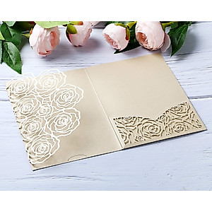Rodvanvo 20 Pcs Laser Cut Wedding Invitations Card Pocket with Envelope for Birthday Party Baby or Bride Shower Invite suitable for 5 * 7 Inches Insert Paper (Champagne)