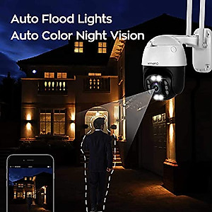 xmartO 2K Auto-Track Rotation Wireless Security Camera WiFi AC Powered, 2-Way Audio, Auto Flood Lights Color Night Vision, Auto Siren, IP66, SD Card, NVR and Cloud Storage (DT3034, Works with Alexa)