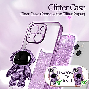Buleens Astronaut iPhone 13 Mini Case, Clear with Glitter & Spaceman Stand, Purple