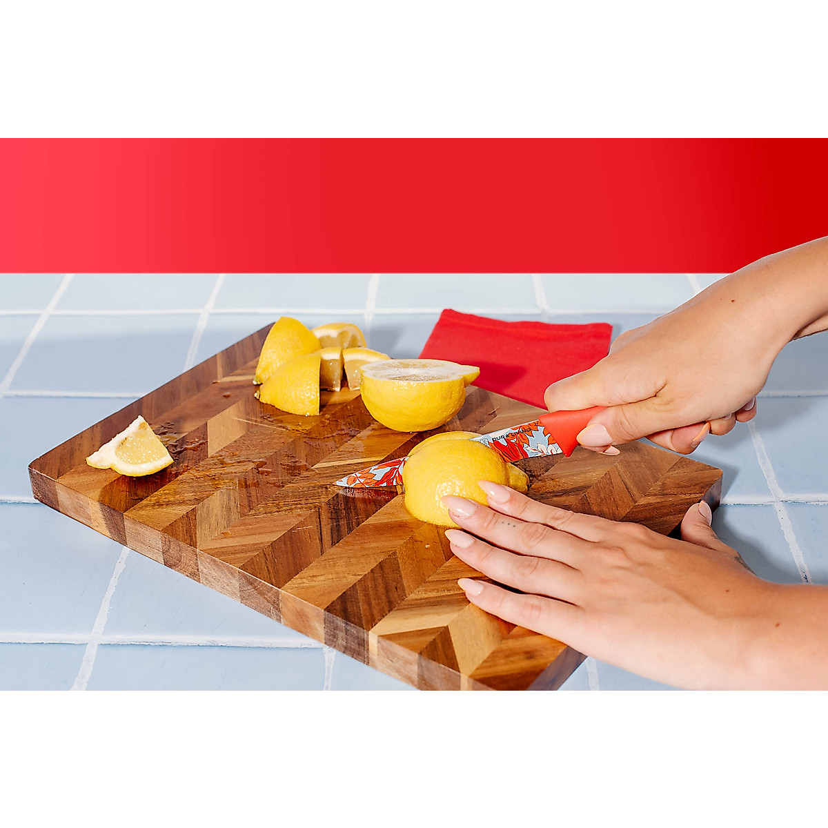 DURA LIVING 2-Piece Colorful Citrus Kitchen Knife Set - Nonstick Stainless Steel Ultra Sharp 5 Inch Utility, 3.5 Inch Paring Multipurpose Cooking Knives With Matching Sheaths