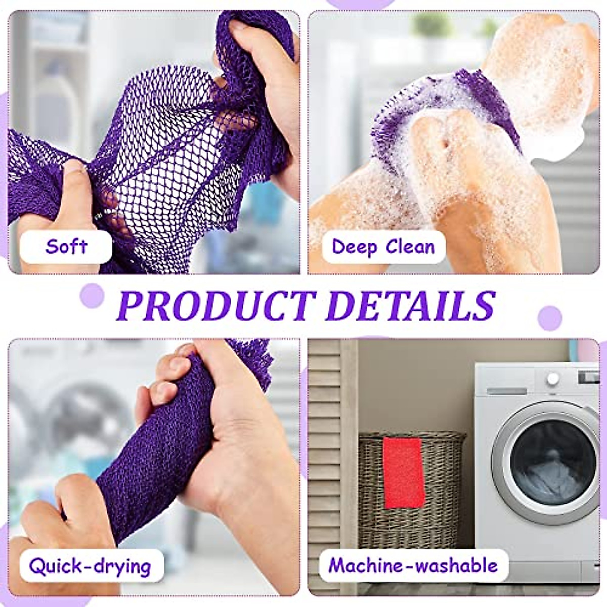 2 Pieces African Net Sponge Exfoliating Net African Body Scrubber Bath Rag Washcloth Towel Shower Body Back Scrubber Skin Smoother for Daily Use or Stocking Stuffer (Purple, Rose Pink)