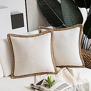 Phantoscope Pack of 2 Farmhouse Decorative Throw Pillow Covers Burlap Linen Trimmed Tailored Edges Off White 18 x 18 inches, 45 x 45 cm