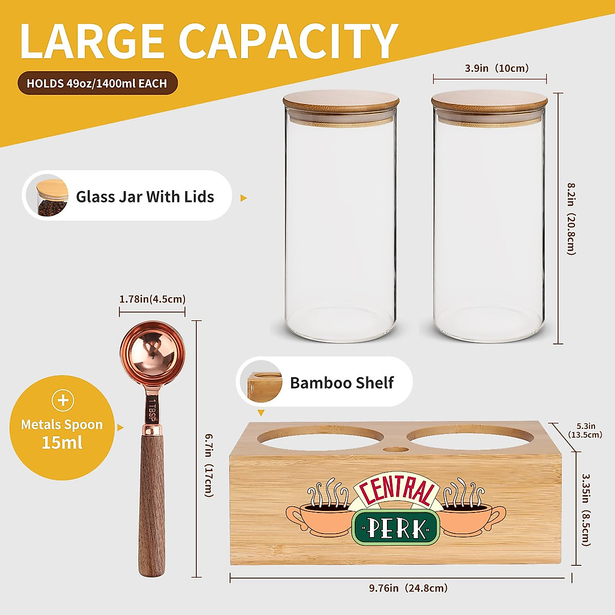 Friends Glass Coffee Container for Ground Coffee, Friends TV Show Merchandise Coffee Canister Set with Shelf, 2PCS 49 Oz Coffee Bean Storage Jar with Scoop, Friends TV Show Decor Gifts for Coffee Bar