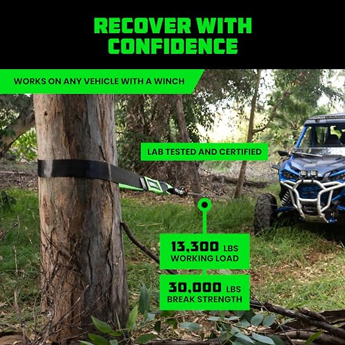 Rhino USA Tree Saver Tow Strap (8' x 3") - 31,518lb Break Strength - Heavy Duty Draw String Included - Triple Reinforced Loop Straps - Emergency Off Road Recovery Rope