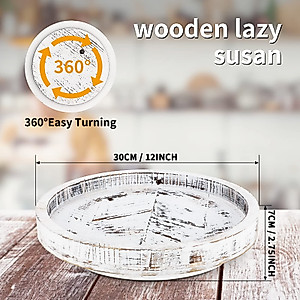 Wood Lazy Susan Turntable, 12 Inch Rustic White Wooden Lazy Susan Organizer for Cabinet, Farmhouse Distressed Round Turntable Tray for Kitchen Countertop Pantry, Dining Table Centerpiece