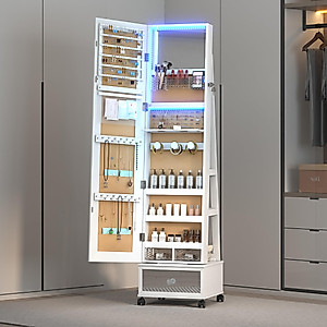 Vlsrka 360° Swivel Jewelry Mirror Cabinet with Lights, Standing Jewelry Armoire Organizer Rotatable Full Length Mirror with Jewelry Storage, Lockable with Rear Storage Shelves, Built-in Makeup Mirror