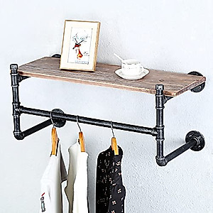 HAOVON Industrial Pipe Clothing Rack Wall Mounted Wood Shelf,Pipe Shelving Floating Shelves,Retail Garment Rack Display Rack Clothes Racks(1 Tier,30in)