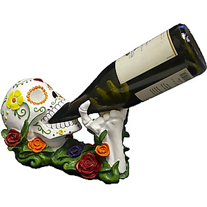 World of Wonders Sugar Skull Day of The Dead Decorative Wine Bottle Holder | Dia de Los Muertos Decorations and Tabletop Halloween Decorations | Skull Decor for Home - 11"