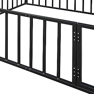 SIYSNKSI Queen Size Floor Bed with Fence and Door, Metal Floor Bed Frame, Montessori Bed Platform Bed Frame for Kids Boys Girls, Easy Assembly (Black + Metal-1)