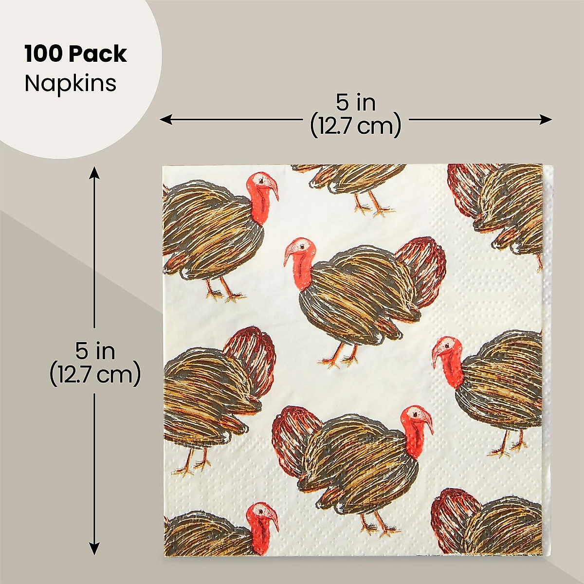 100 Pack Turkey Thanksgiving Cocktail Napkins for Party Supplies (5 x 5 In)