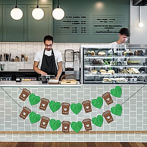 Coffee Bar Banner Green, Glitter Coffee Cup and Heart Garland, Latte Banner for Birthday Bachelorette Engagement Wedding Baby Shower Party, Coffee Bar Wall Table Decorations