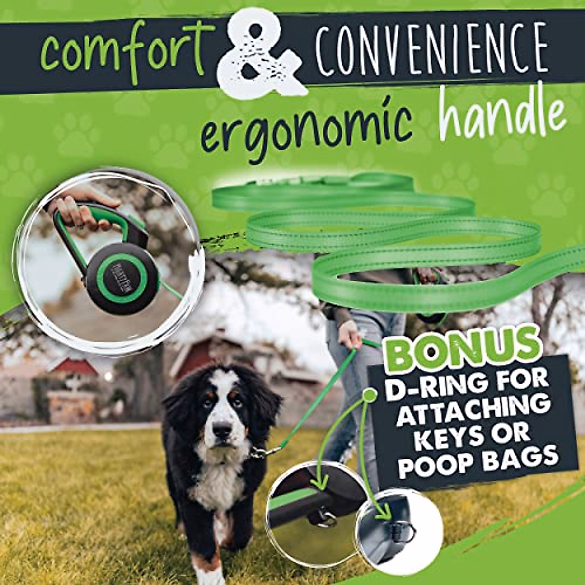 Mighty Paw Retractable Dog Leash 2.0 | 16’ Heavy Duty Reflective Nylon Tape Lead for Pets Up to 50 LBS. Tangle Free Design W/One Touch Quick-Lock Braking System & Anti-Slip Handle. (Green/Lite)