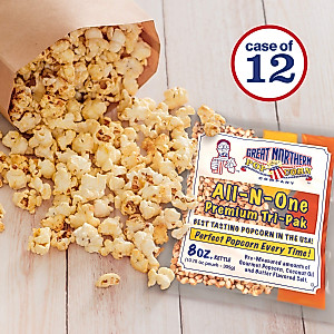 Movie Theater Style 12-Count Popcorn Packs - Pre-Measured 8-Ounce All-in-One Kernel, Salt, Oil Packets for Popping Machines by Great Northern Popcorn