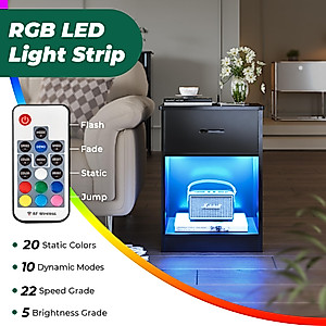 Huuger Nightstands Set of 2, Night Stands with Charging Station & LED Light Strips, Bedside Tables with Drawer, Side Tables Bedroom, End Tables with Open Storage, Black