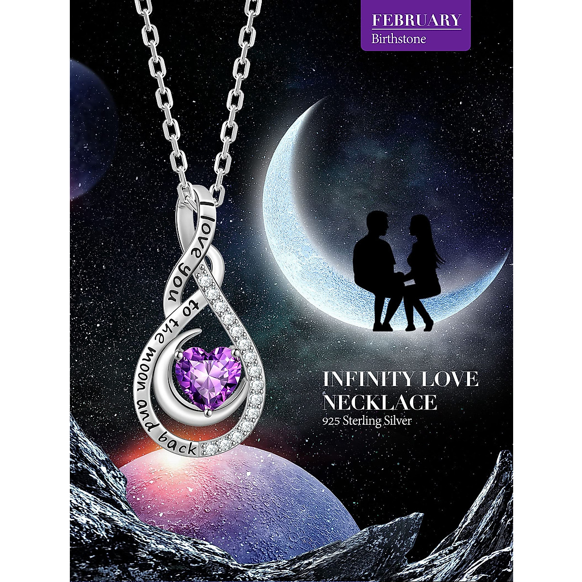 Jowaia Birthstone Necklaces for Women, 925 Sterling Silver Dainty Moon Infinity Pendant Necklace Created Amethyst Necklace Anniversary Birthday Christmas Gifts for Women Wife Mom