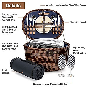 Unique Willow Picnic Basket for 2 Persons, Natural Wicker Picnic Hamper with Service Set and Insulated Cooler Bag - Best Gifts for Father Mother