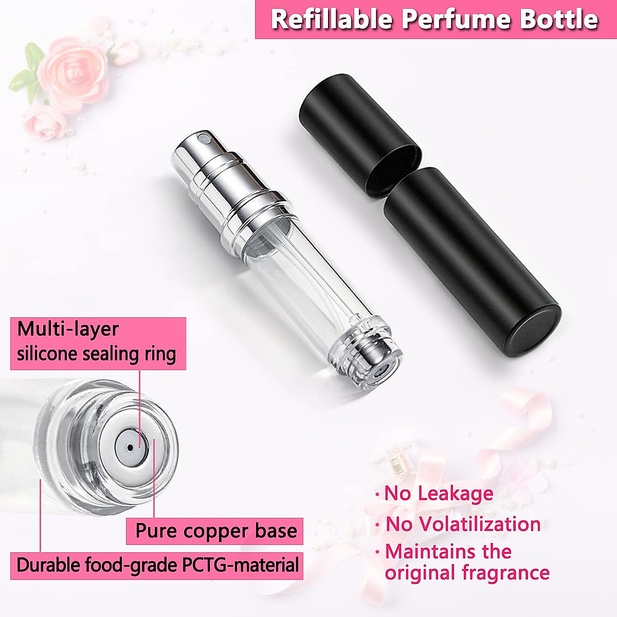 ANTOKX Travel Perfume Bottle Refillable Atomizer - 5ML Perfume Atomiser, Pocket Perfume Dispenser, Scent Pump Case, Leakproof Portable Perfume Sprayer for Women and Men (Rose Gold)