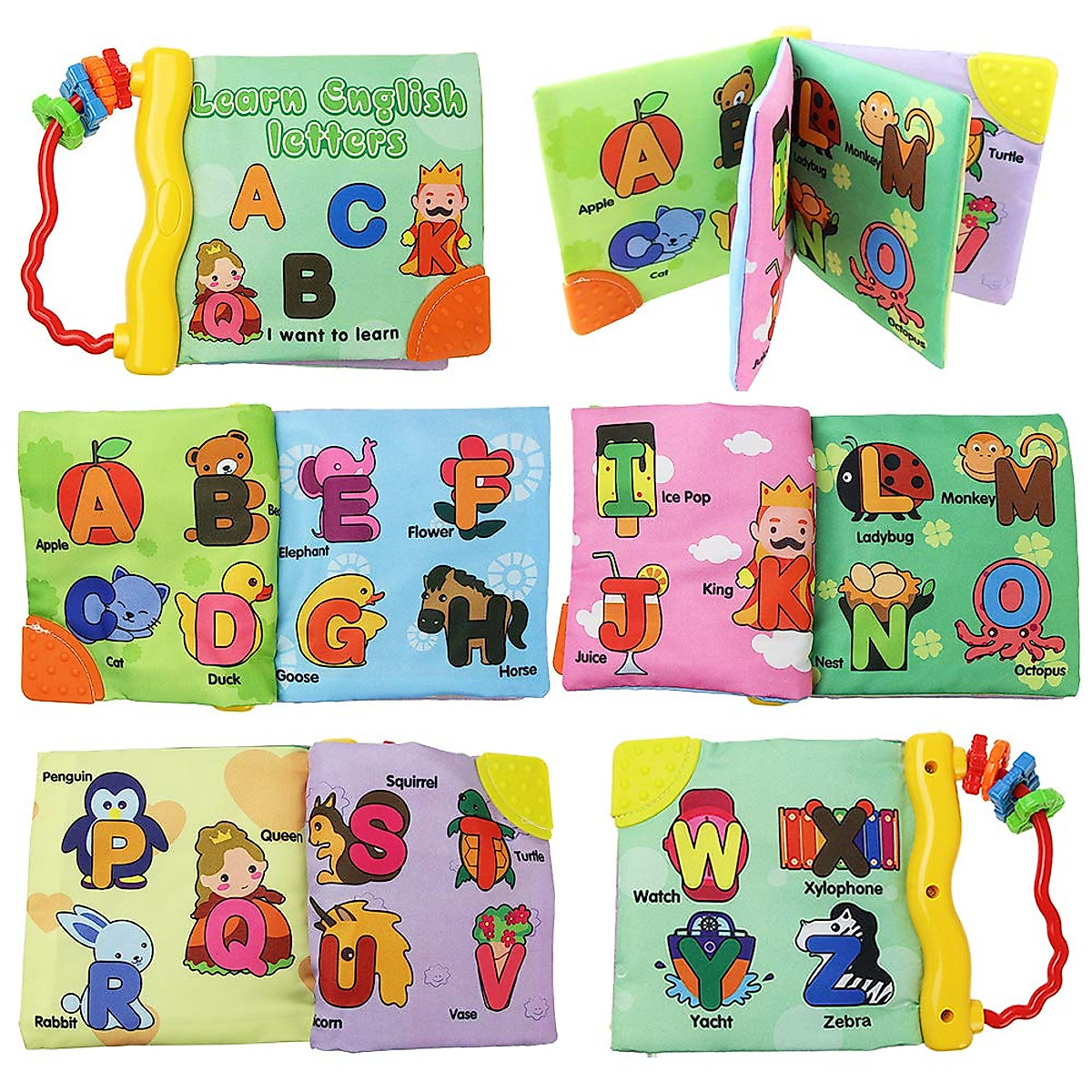 Hapavis Teething Cloth Books Soft Activity Crinkle Baby Books Toys for Early Education for Babies Teether Ring Letters