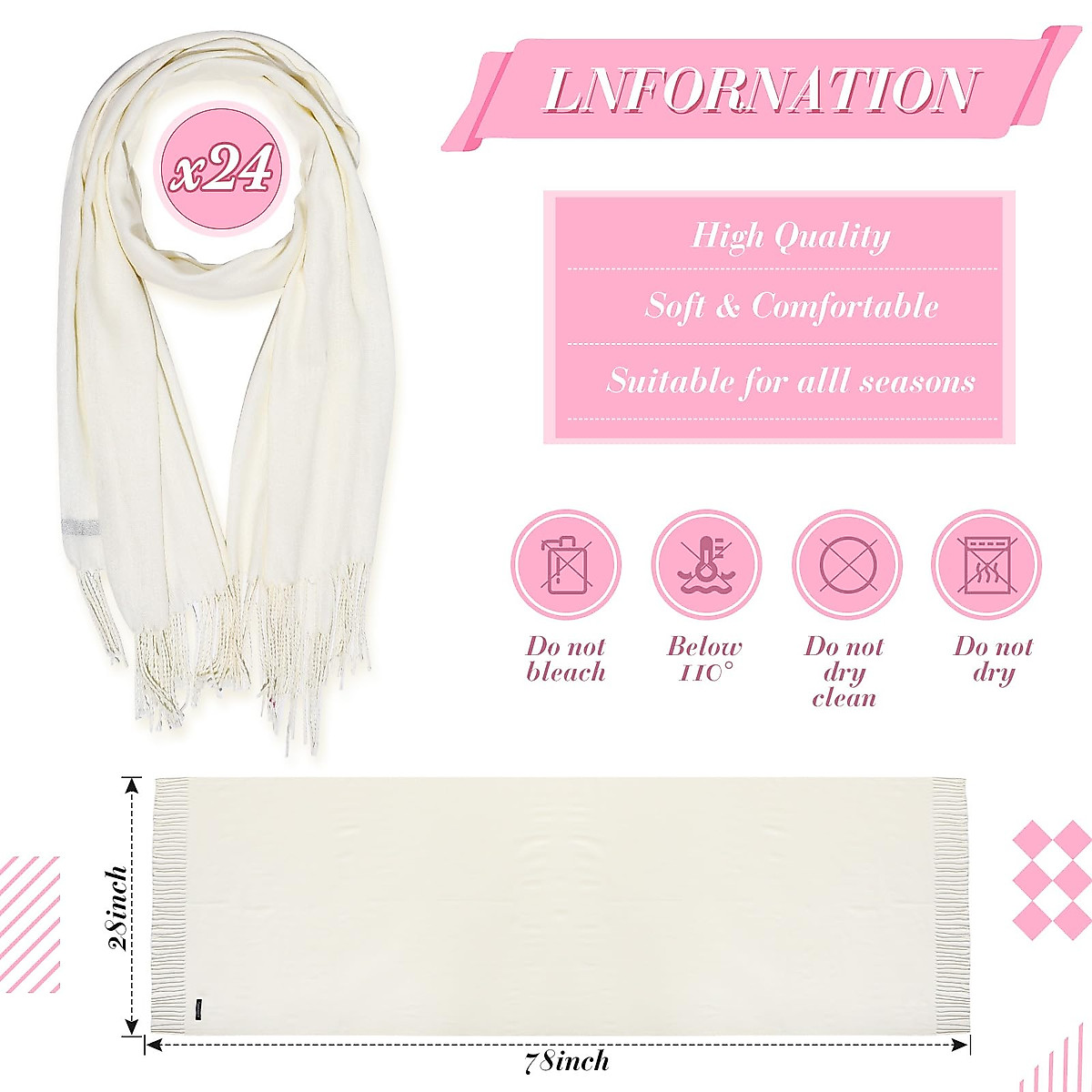 Sintege 24 Pcs Women's Scarf Pashmina Shawls and Wrap Wedding Soft Large Scarves Warm Cashmere Wrap for Dress Evening Party