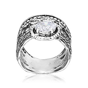 925 Sterling Silver Ring with White Cubic Zirconia Oval Shape Prong Multiple Bands Rich Stack Look Hypoallergenic, Nickel and Lead-free, Artisan Handcrafted Designer collection, Made In Israel