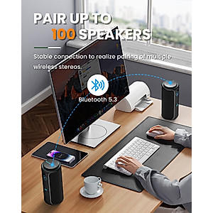 Raymate Bluetooth Speakers, Pair up to 100 Speakers,IPX7 Waterproof Speaker Wireless Bluetooth-V5.3, HiFi Stereo Sound, 1100mins Playtime, Portable Speaker for Home, Outdoor, Party