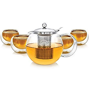 Teabloom Stovetop Safe Glass Teapot with Removable Infuser (40oz/1200ml) and Four Double Walled Glass Cups (5oz/150ml) - Classica Tea Set