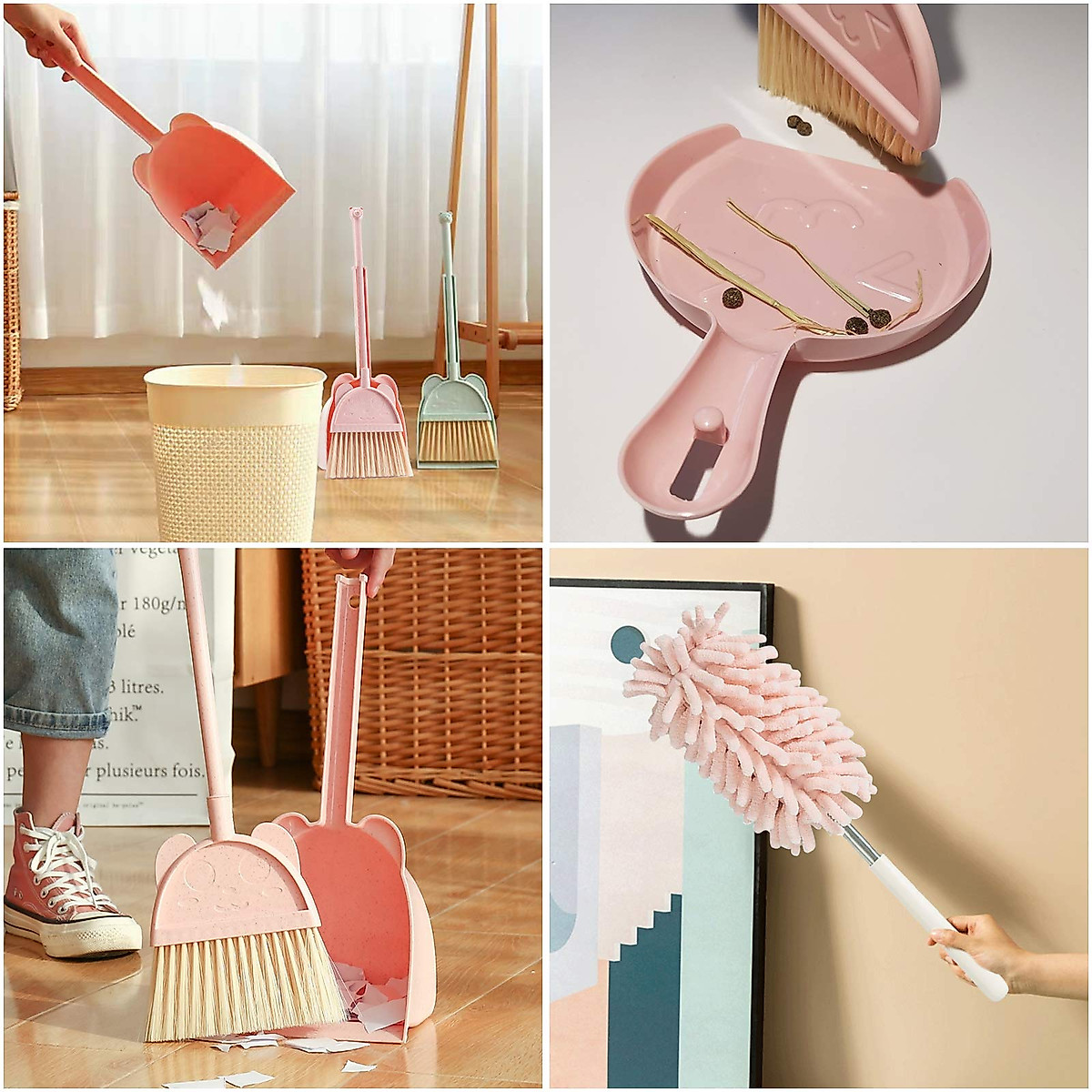 Kalolary 5 Pcs Mini Broom and Dustpan Set, Mini Broom with Dustpan for Home, Little Broom Dustpan Set with Extendable Duster for Cleaning for Office Home Table Desk Key Board