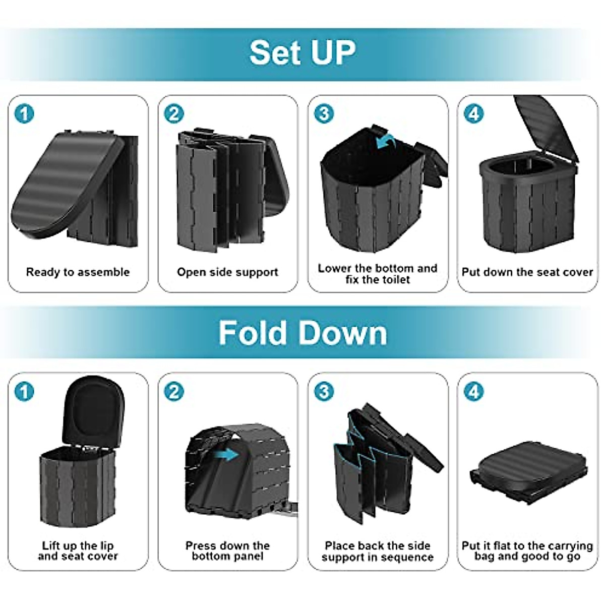 FQFMO Portable Camping Toilet with Lid, Portable Toilet for Adults, Foldable Car Travel Toilet Adults Potty with Carry Bag for Camping, Hiking, Boat, Long Trips, Fishing, Beach