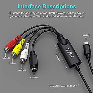 Kkf VHS to USB RCA Converter, Analog to Digital Video, Digital Video for VCR DSLR TV Box DVD Camera PS3 PS4,USB 2.0 Audio Capture Card Transfer Collector (RCA to USB C)