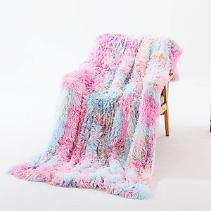 Rainbow Tie-Dye Extra Soft Fuzzy Faux Fur Throw Blanket 50" x 60",Solid Reversible Lightweight Long Hair Shaggy Blanket,Fluffy Cozy Plush Comfy Microfiber Fleece Blankets for Couch Sofa Bedroom