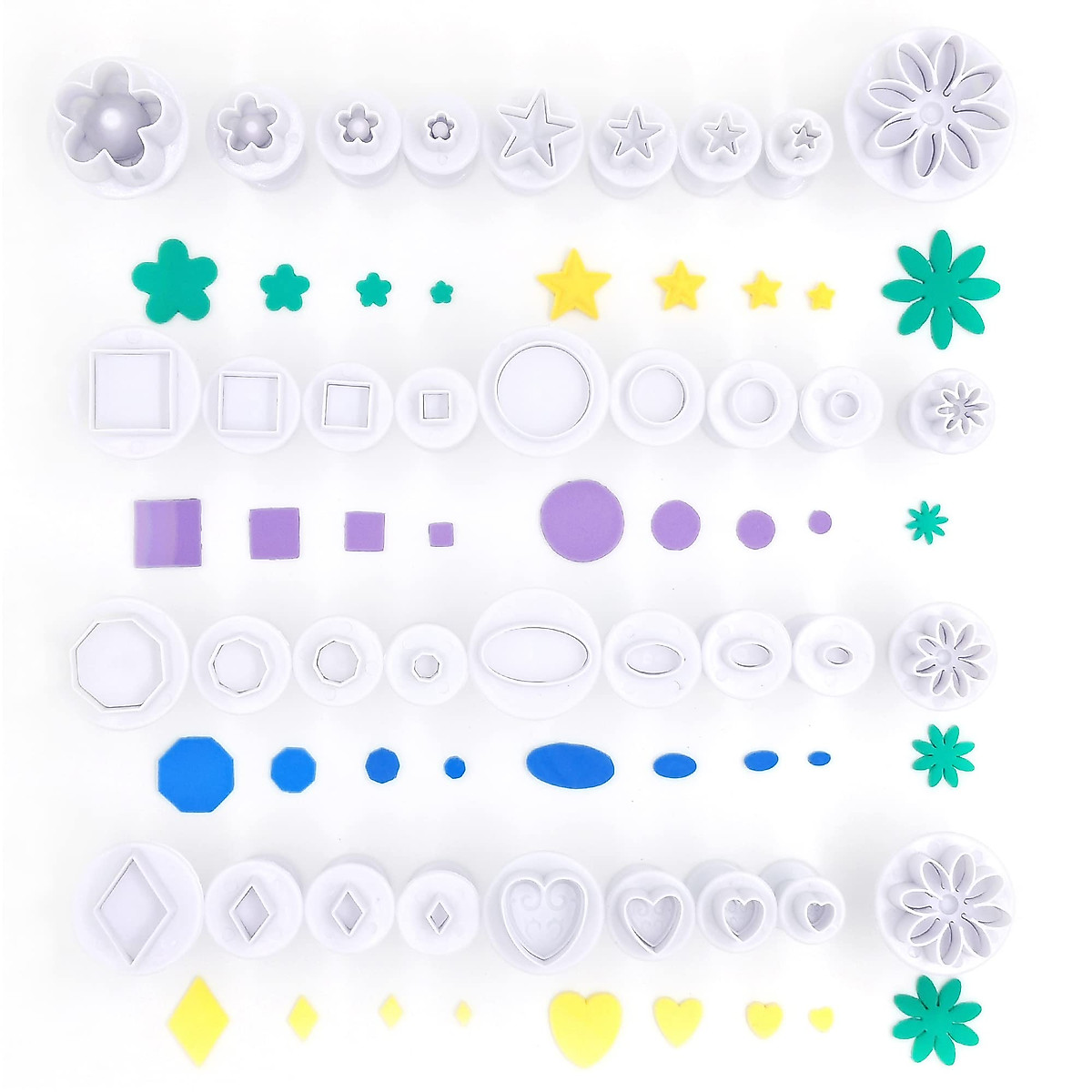 Fondant Cutters，Mini Plunger Cutter Cake Decorating Supplies,36pcs,Heart/Square/Oval/Circular/Polygon/Star/Diamond/Sunflower/Plum Flower,White