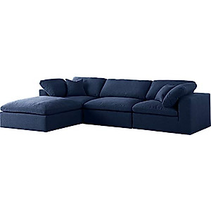 Meridian Furniture Serene Collection Modern | Contemporary Deluxe Comfort Modular Sectional, Soft Linen Textured Fabric, Down Cushions, 2 Corner + 1 Armless + 1 Ottoman, Navy