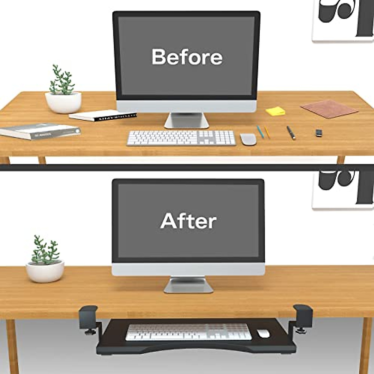 Ergonomic Under Desk Keyboard Tray with Curved Design, C-Clamp Mount, Smooth Sliding Rails, and Durable Steel Construction for Comfortable and Efficient Workstation