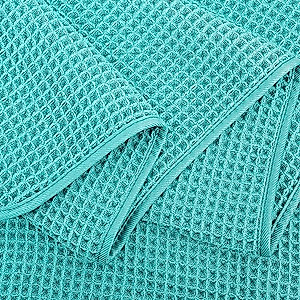 POLYTE Microfiber Oversize Quick Dry Lint Free Bath Towel, 60 x 30 in, 4 Pack (Aqua, Waffle Weave)