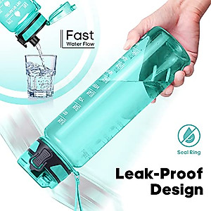 Motivational Water Bottle with Time Marker, 32 oz (950 ml), BPA-Free Plastic, Easy Drink Straw, Fits Cup Holder (1002-Green, 26 oz)