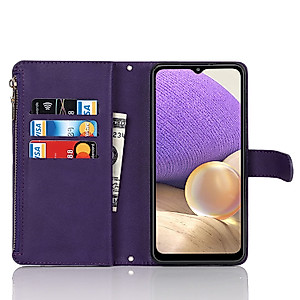 Jaorty Samsung Galaxy A32 5G Wallet Case,[9 Card Slots] Removable Adjustable Crossbody Necklace Lanyard Shoulder Strap Zipper Magnetic Leather Case for Samsung Galaxy A32 5G,6.5 inch Purple