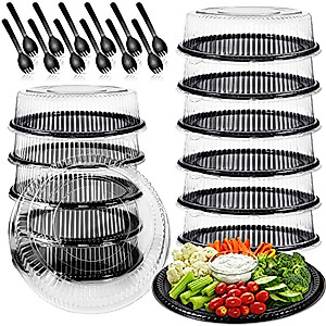 12 Pack Heavy Duty Serving Tray with Clear Lid and Sporks, Large Plastic Tray with Elegant Platter Round Black Disposable for Fruit Sandwich Party Takeout Food Catering Picnic (12 Inch)