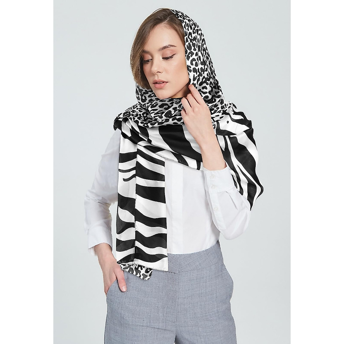 GERINLY Animal Print Shawl Wraps Zebra & Leopard Pattern Silky Scarf for Women Fashion Print Accessory (Black)