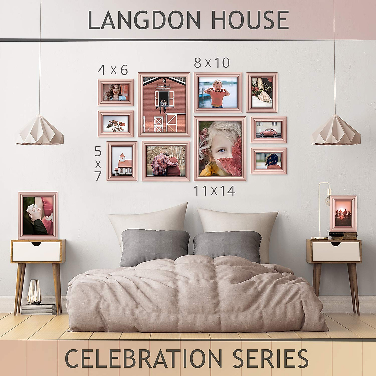 Langdon House 11x14 Rose Gold Picture Frame, Contemporary Glam Photo Frame 11 x 14, Wall Mount or Table Top, Celebration Collection
