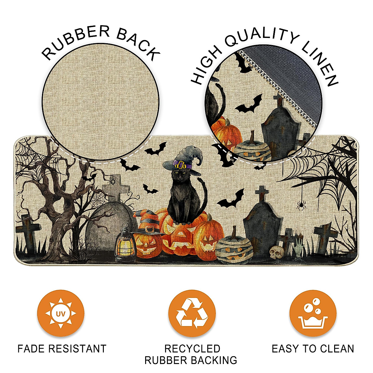 Hexagram Halloween Kitchen Mats Set of 2, Happy Halloween Kitchen Rugs and Mats, Farmhouse Buffalo Plaid Black Cat Mats for Floor Decorations, Decorative Halloween Kitchen Decor 17x29 Inch-17x47 inch