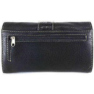 Justin West Concealed Carry Laser Cut Leather Floral Embroidery Rhinestone Berry Concho Studded Shoulder | Tote | Handbag Purse | Messenger Crossbody | Trifold Wallet (Black Purse and Wallet Set)