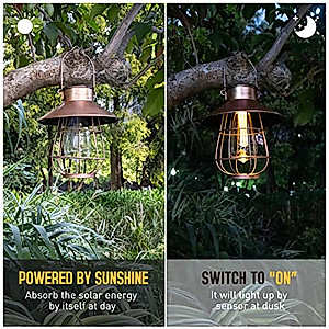 Solar Light Outdoor, 2 Pack Retro Metal Wireless Hanging Solar Lanterns with Warm White Edison Bulb Waterproof for Gazebo Garden Yard Farmhouse Decor (Bronze)