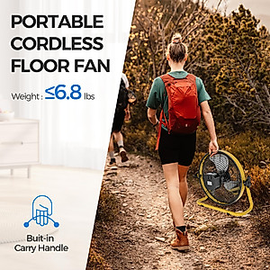 YUEMA Battery Operated Floor Fan - Rechargeable Powered Fan Cordless High Velocity Metal Blade Portable Fan for Camping Travel Patio Tent Indoor Outdoor Fan 12 Inch 360 Degree Manual Tilt 12 Speed
