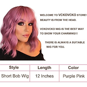 VCKOVCKO Pastel Wavy Wig With Air Bangs Women's Short Bob Purple Pink Wigs Curly Wavy Shoulder Length Pastel Bob Wigs Synthetic Wig for White Women Girls Daily Use Colorful Wigs(12", Purple Pink)
