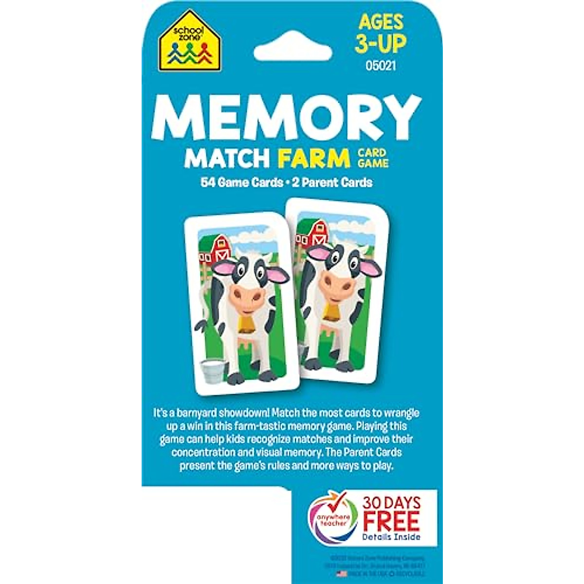 School Zone - Memory Match Farm Card Game - Ages 3+, Preschool to Kindergarten, Animals, Early Reading, Counting, Matching, Vocabulary, and More (School Zone Game Card Series)
